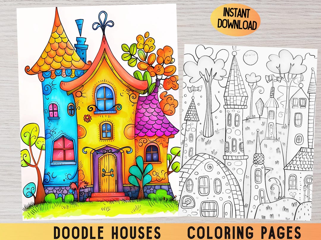 Doodle Houses Coloring Pages - Fun for Kids and Adults (digital ...