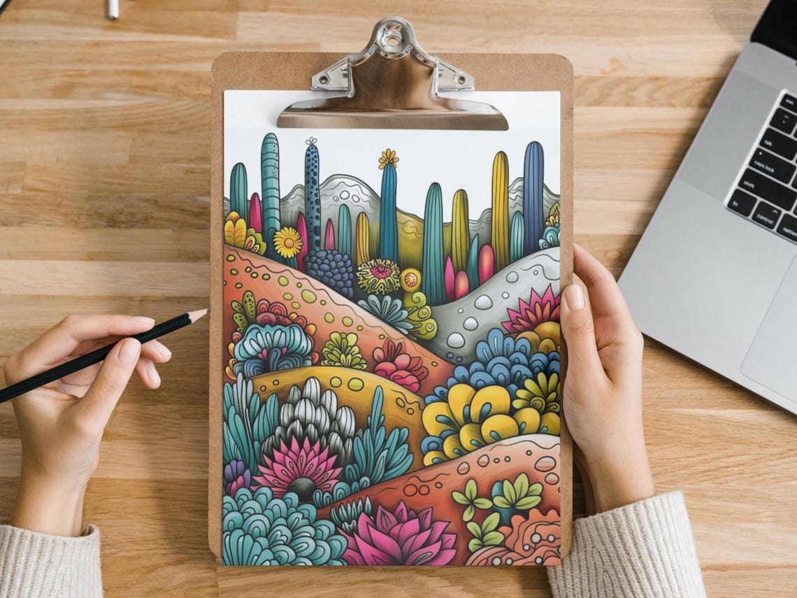 Desert Landscape Coloring Pages – Cactus & Sunset, Zentangle Art ...