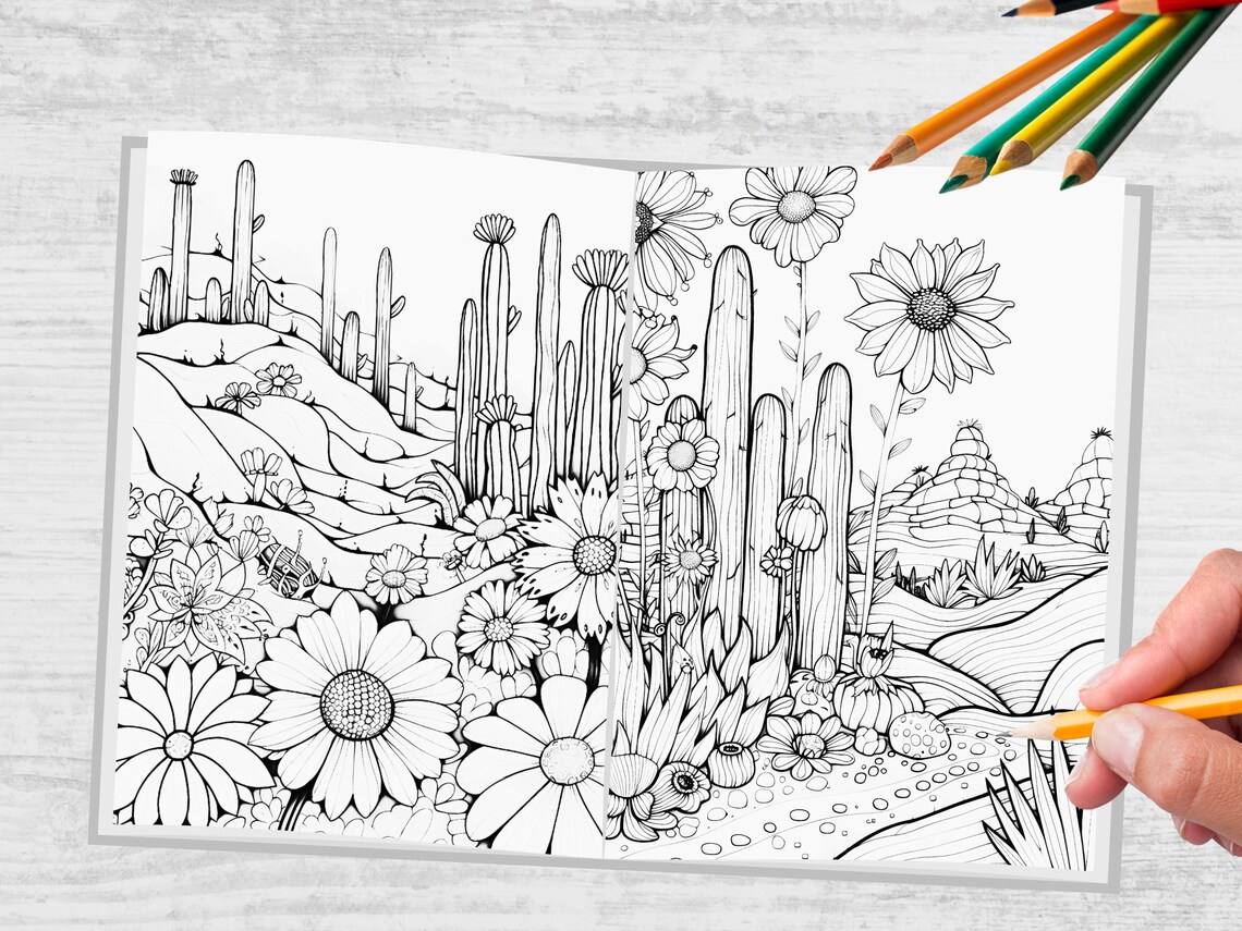 Desert Landscape Coloring Pages – Cactus & Sunset, Zentangle Art ...