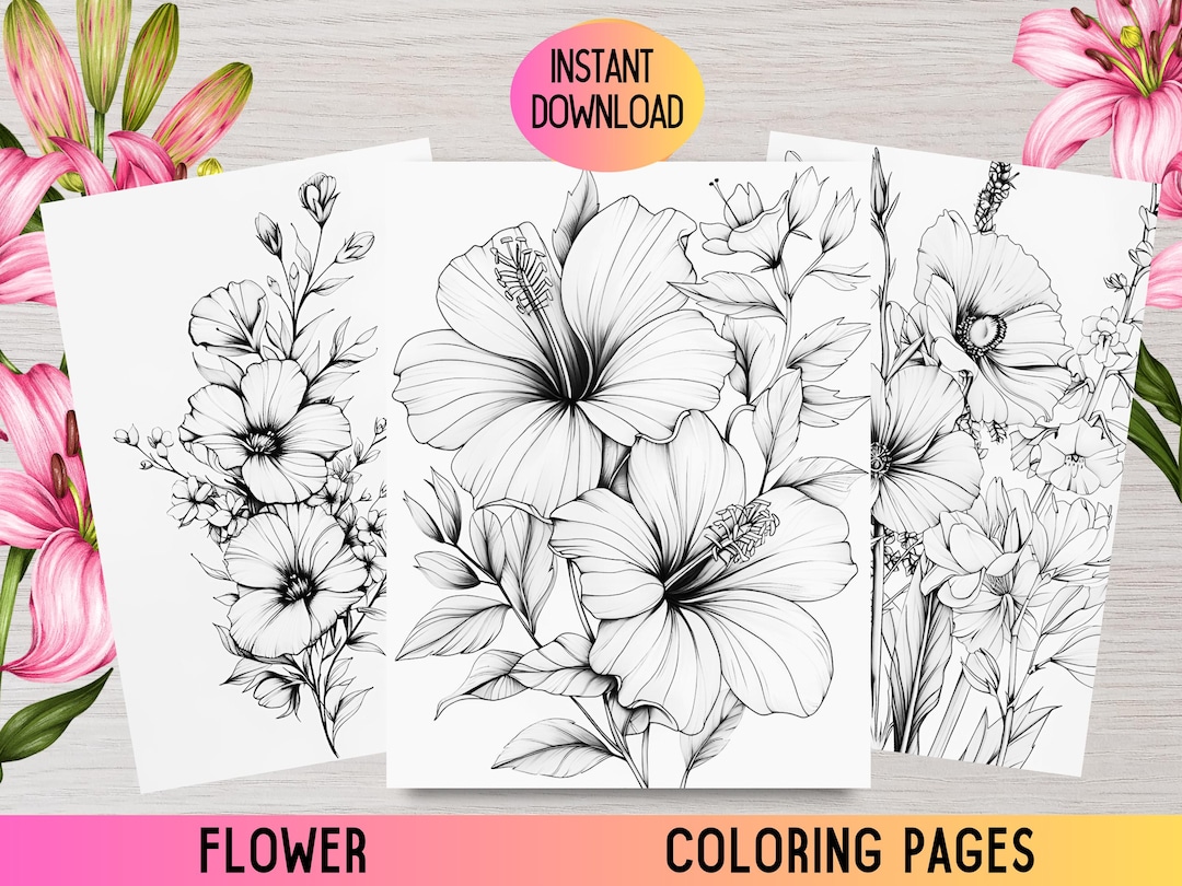 Floral Coloring Pages for Adults, Realistic Flower Illustrations (PDF ...