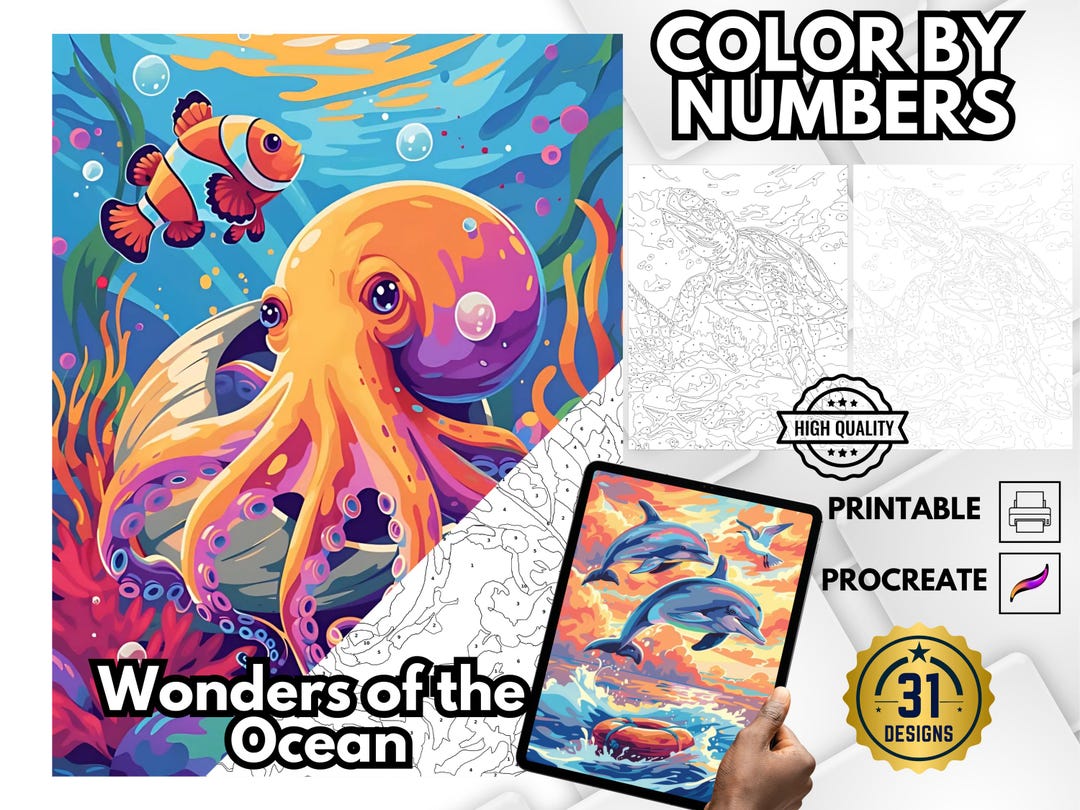 Ocean Color by Number Drawings, Relaxing Coloring Pages (PDF & PNG) - Etsy