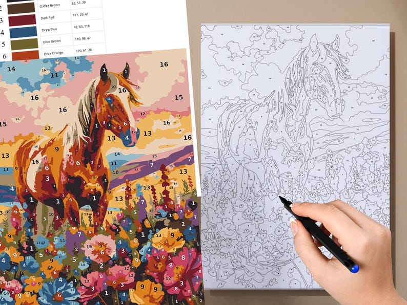 Horses Color by Number, Printable Coloring Book (PDF & PNG) - Etsy
