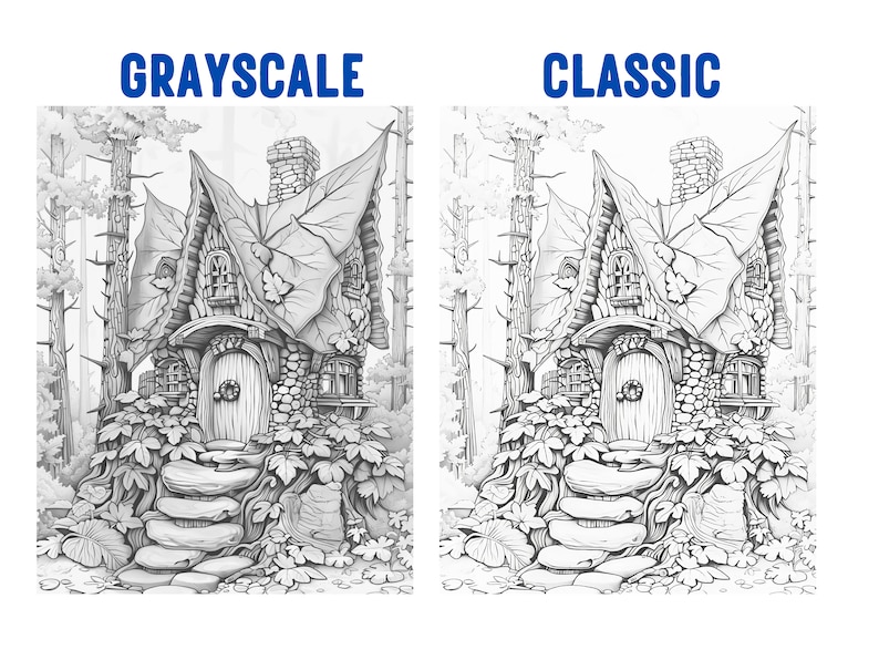 Fairy House Grayscale Coloring Pages, Fantasy Cottage (PDF Pattern) - Etsy