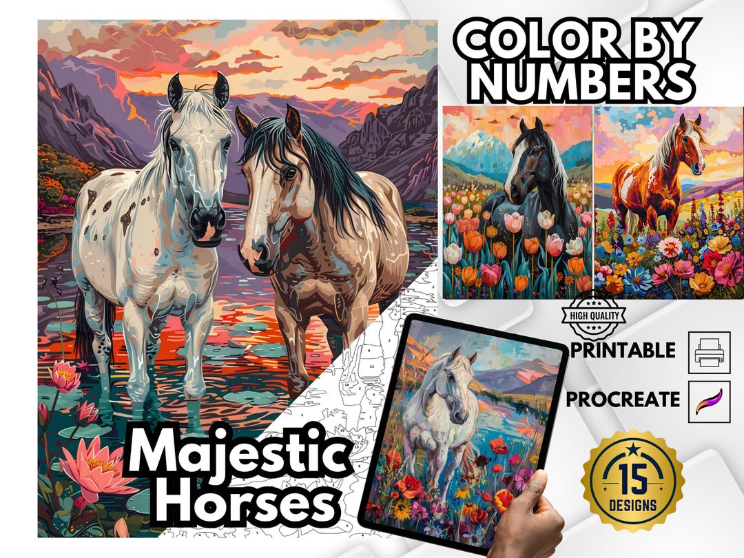 Horses Color by Number, Printable Coloring Book (PDF & PNG) - Etsy
