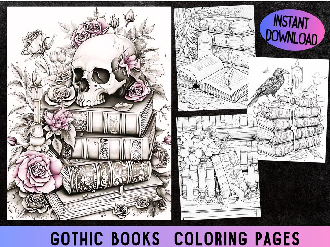 Gothic Books Coloring Pages, Skulls, Roses, Ravens (printable) - Etsy