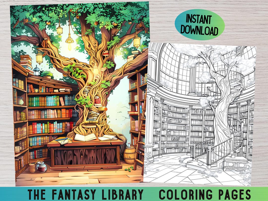 Library Coloring, Enchanted Library Coloring Pages, Printable Library ...
