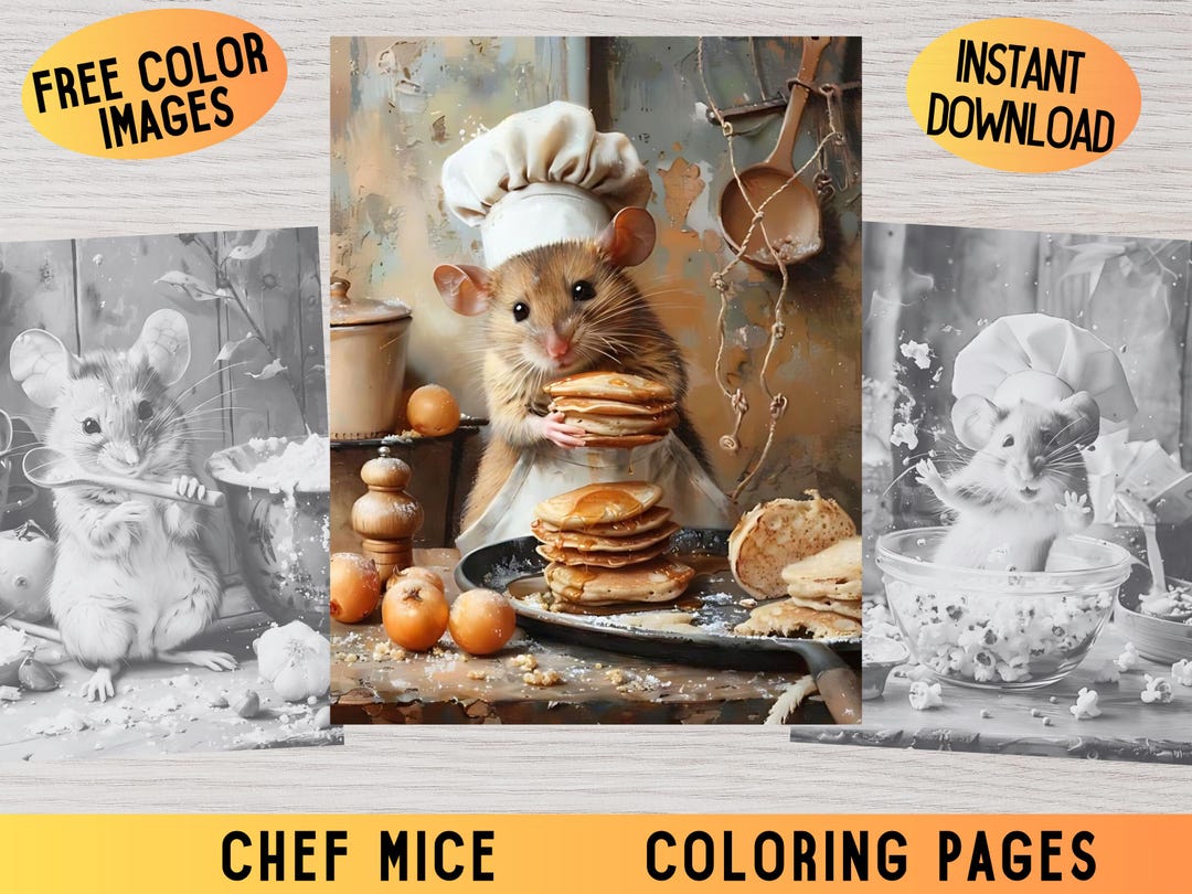 Chef Mouse Coloring Pages, Fantasy Grayscale Coloring (digital Download ...
