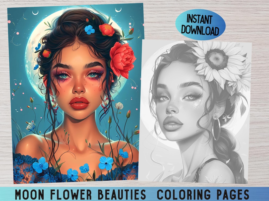Moon Flower Woman Portrait Coloring Pages, Grayscale Art (digital ...