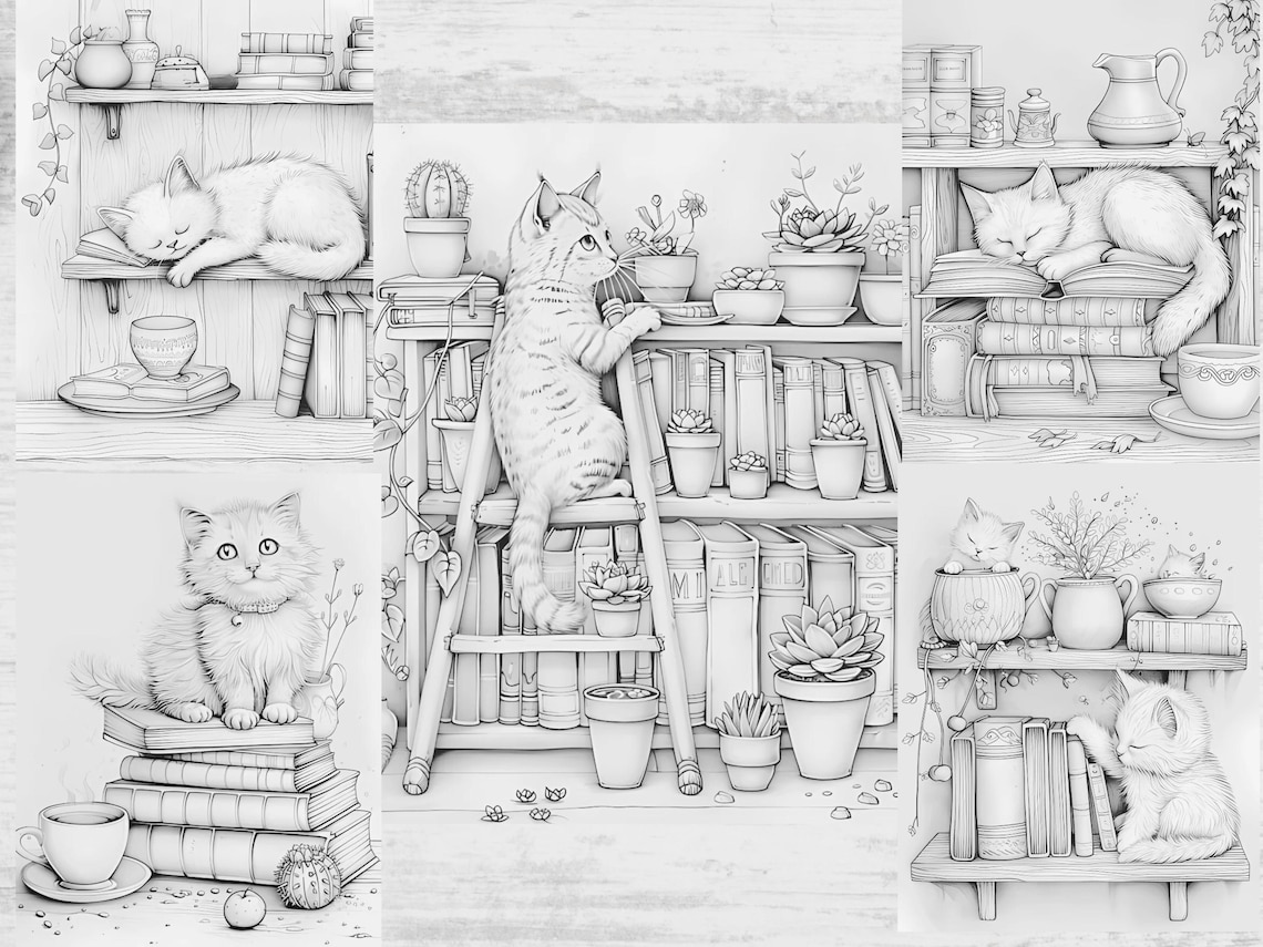Cats and Books Coloring Pages, Feline Designs (digital Download) - Etsy