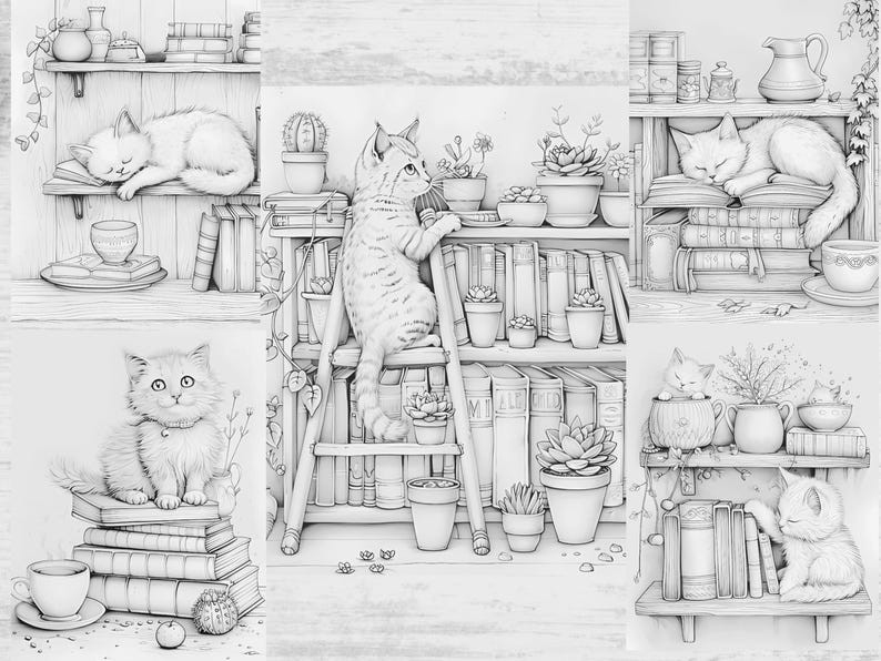 Cats and Books Coloring Pages, Feline Designs (digital Download) - Etsy