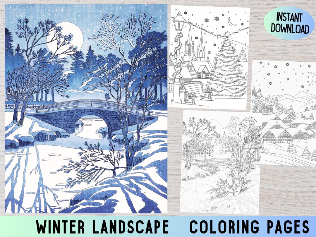 Winter Landscape Coloring Pages, Adult Coloring Book (digital Download ...
