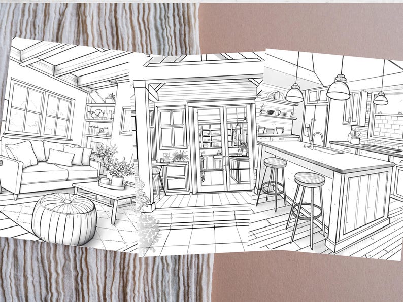 Farmhouse Interior Coloring Book, Rustic Home Designs (PDF Download) - Etsy