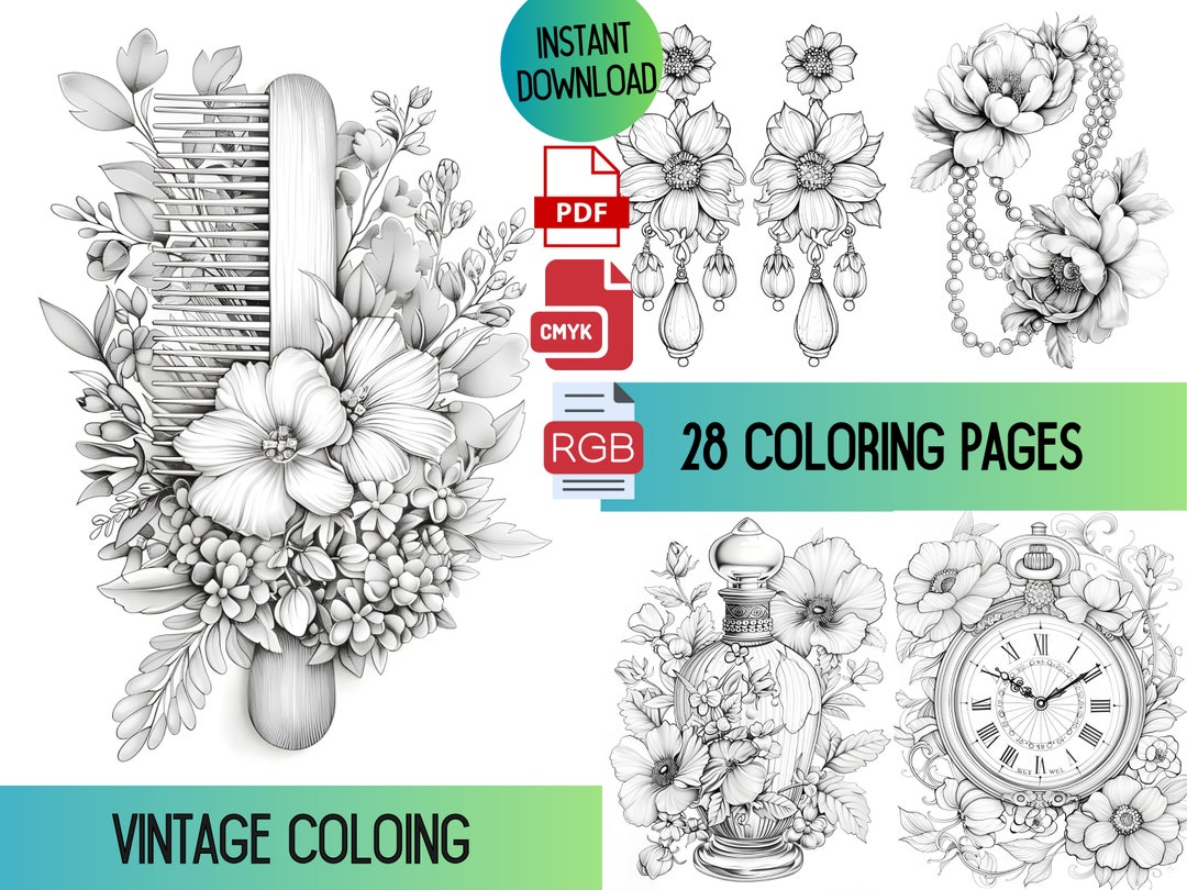 Vintage Flower Coloring Pages: Antique Jewelry & Perfume (PDF Download ...