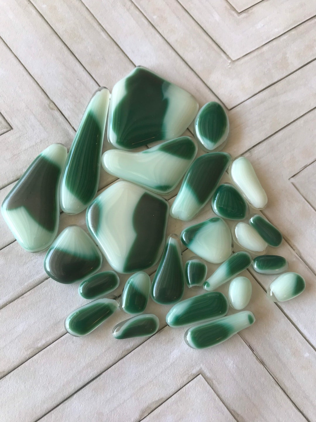 Fused Glass Puddles Cabochons, Lot of 25 Green White Glass Cabs Puddles ...