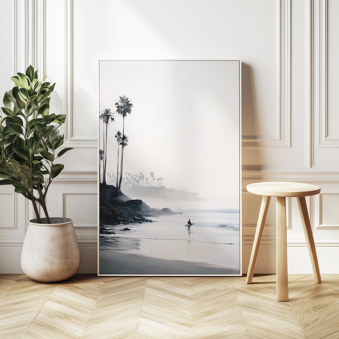 Surfing in the Mist Canvas Print, California Beach Art With Palm Trees ...