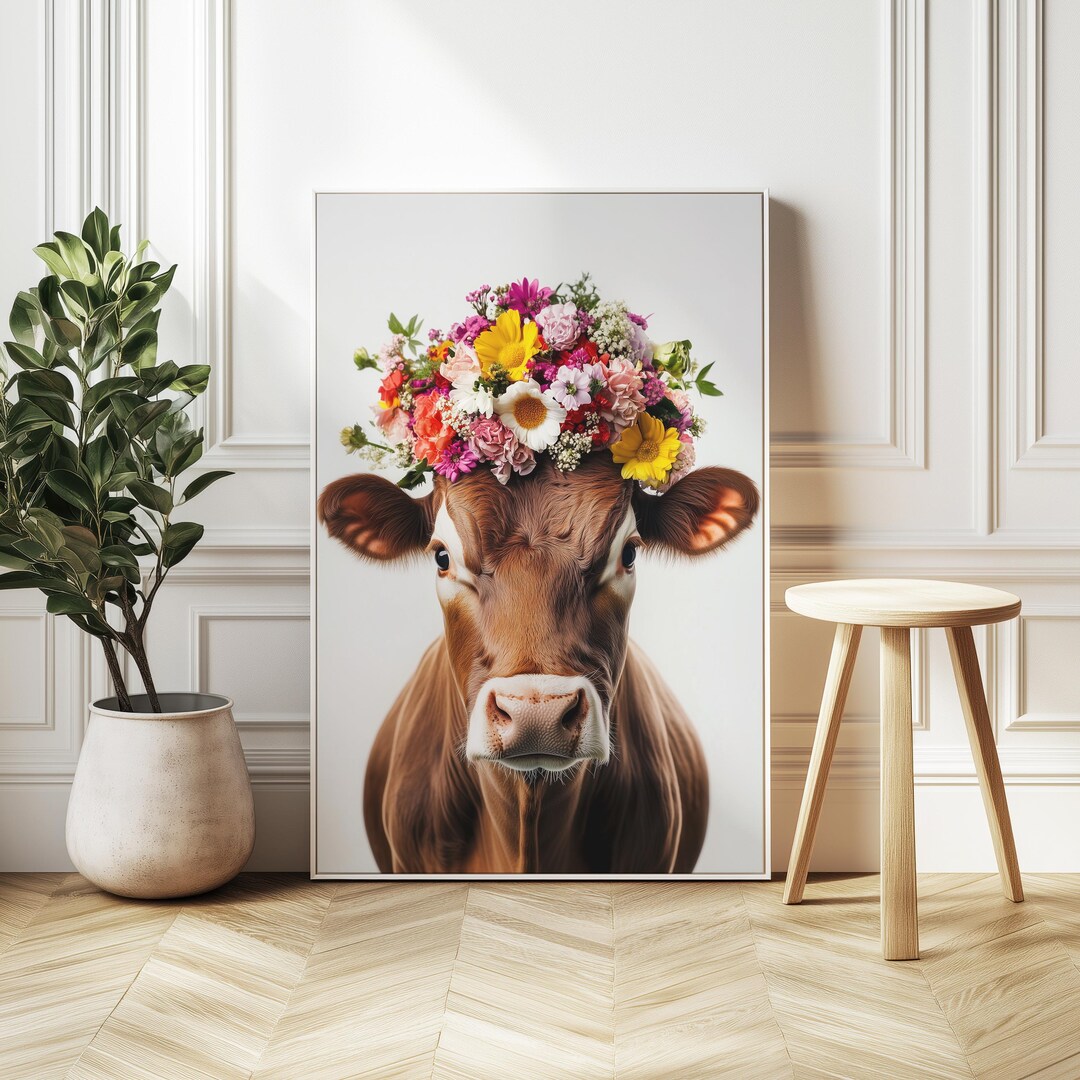 Charming Cow With Flower Bouquet on Head, Cute Animal Photography With ...