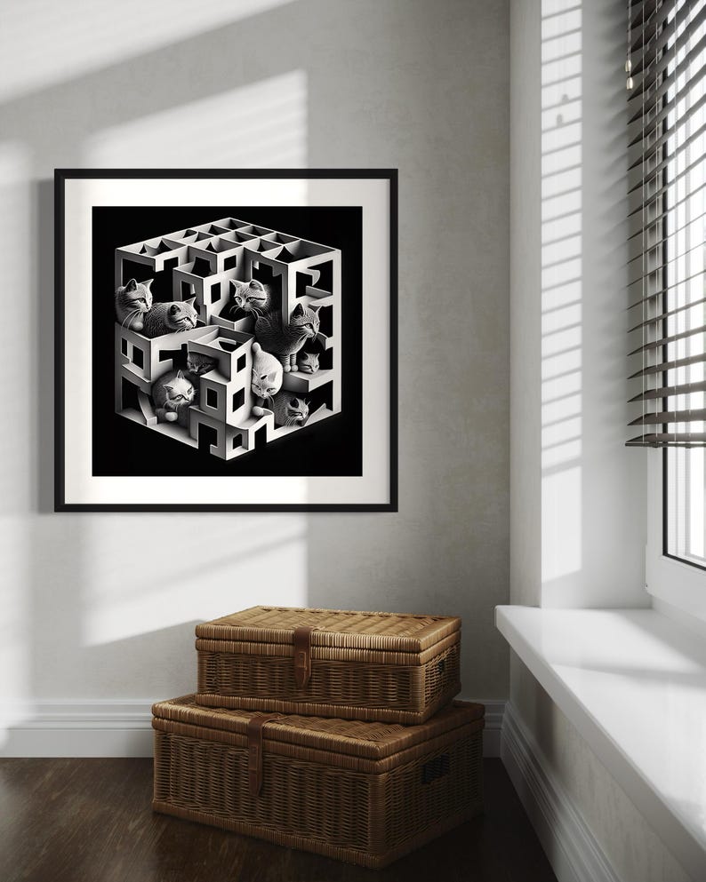 Mind-bending Printable, MC Escher Cats in a Cube, Wall Art, Digital ...