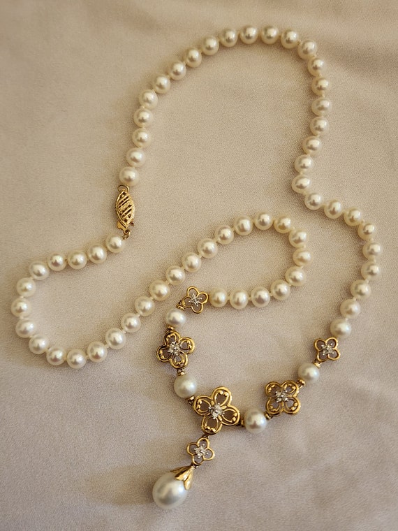 Vintage 10k Gold Pearl Draping Necklace with Diamonds - Gem