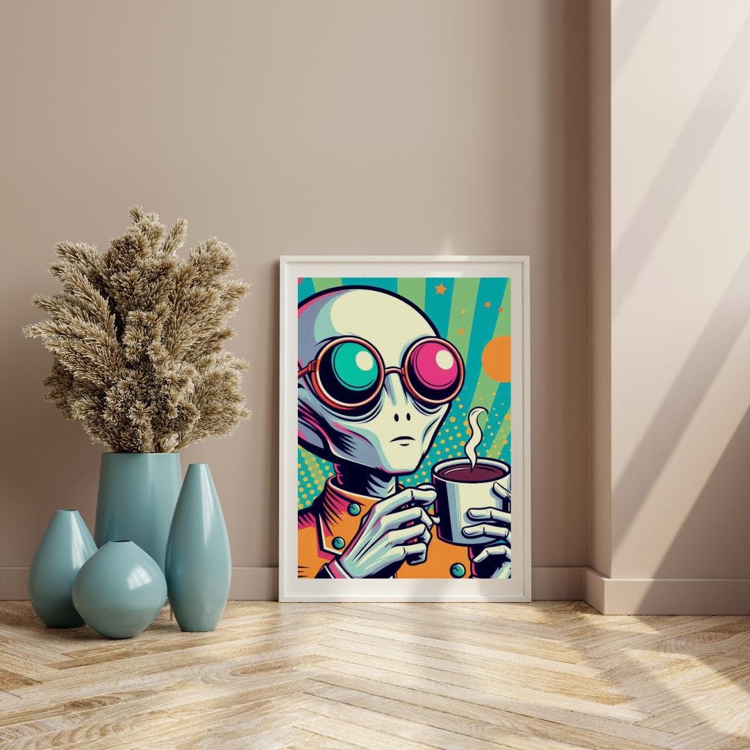 Alien Drink Coffee Retro Pop Art Poster, UFO Printable Wall Art, Alien ...