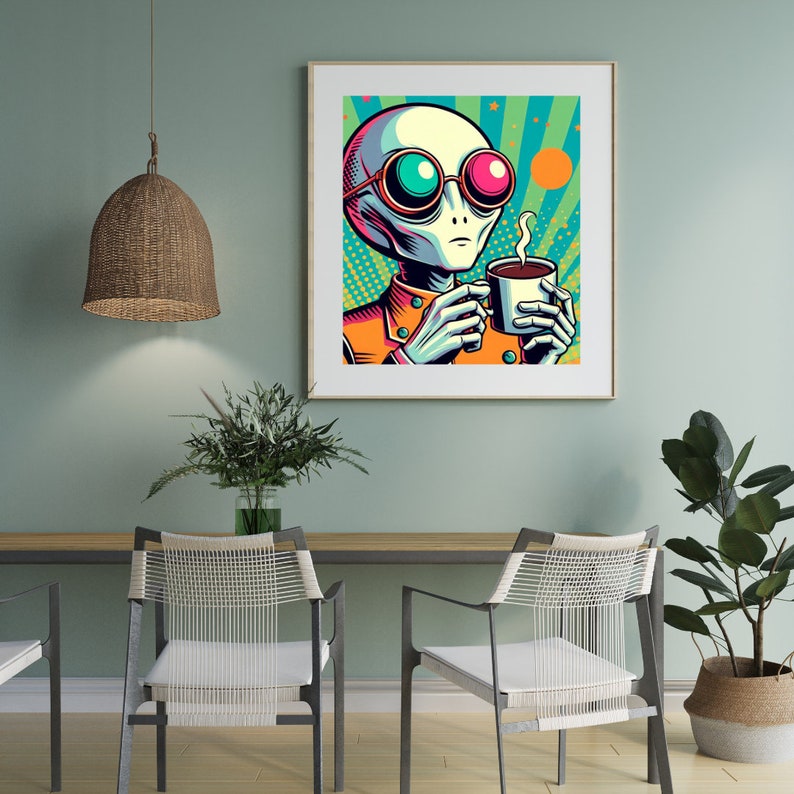 Alien Drink Coffee Retro Pop Art Poster, UFO Printable Wall Art, Alien ...