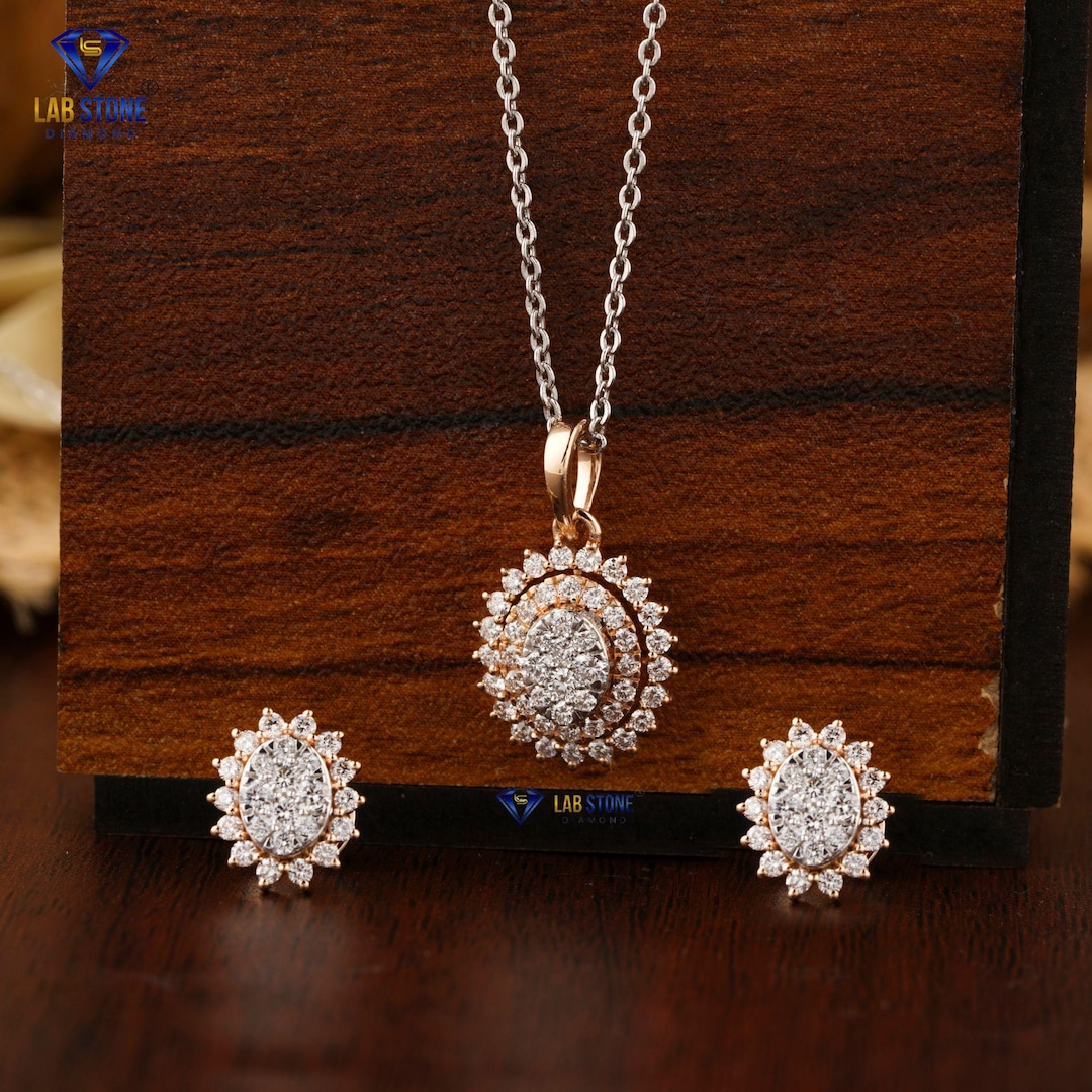 0.87 TDW Round Cut Diamond Rose Gold Pendant Set Woman s Pendant and Earring Set EF Color VS Clarity Stunning Gift for Her Etsy