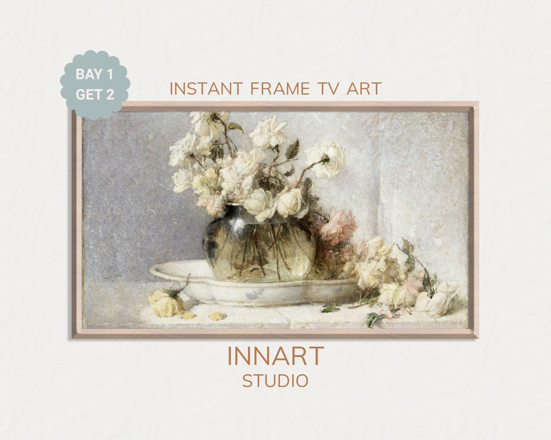 Samsung Frame TV Art, White Roses Oil Painting, Vintage Rustic Flowers ...