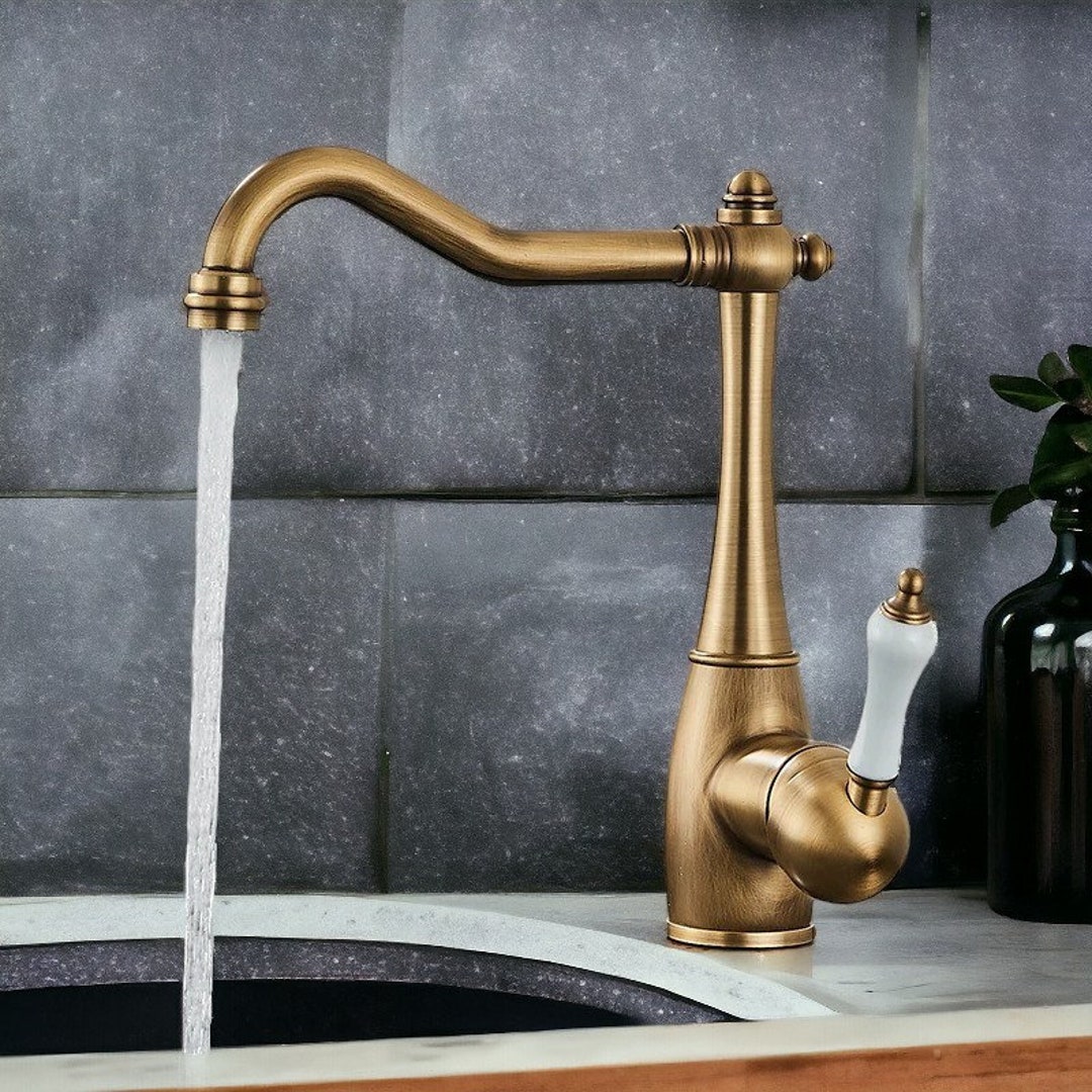 Ceramic Handle Antique Brass Kitchen Faucet , Kitchen Vanity , Bathroom ...