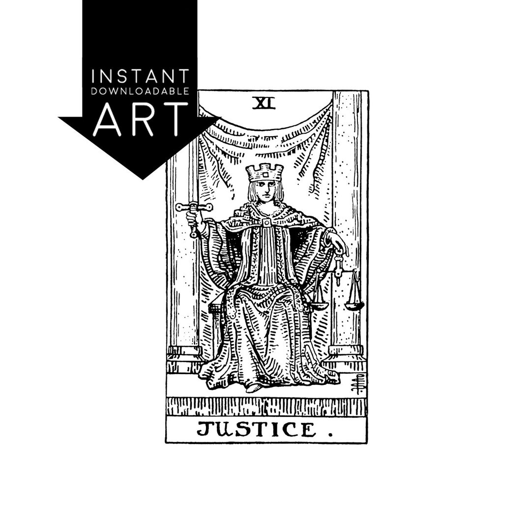 DIGITAL PRINT Justice Tarot Card Instant Download Rider-waite Black and ...