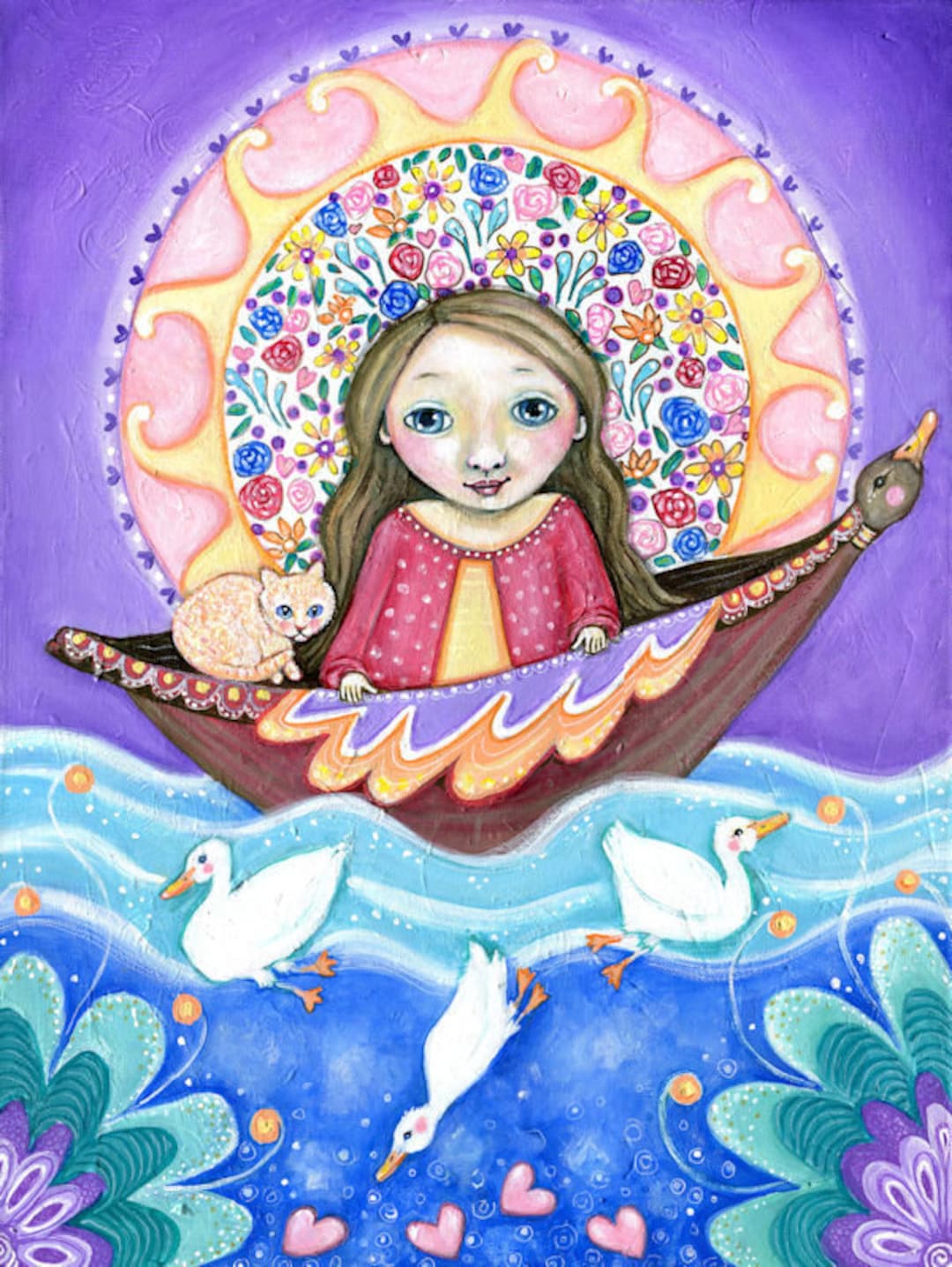 Girl and Duck Wall Art Duck Animal Guide Totem Cat Girl and Ducks Art ...