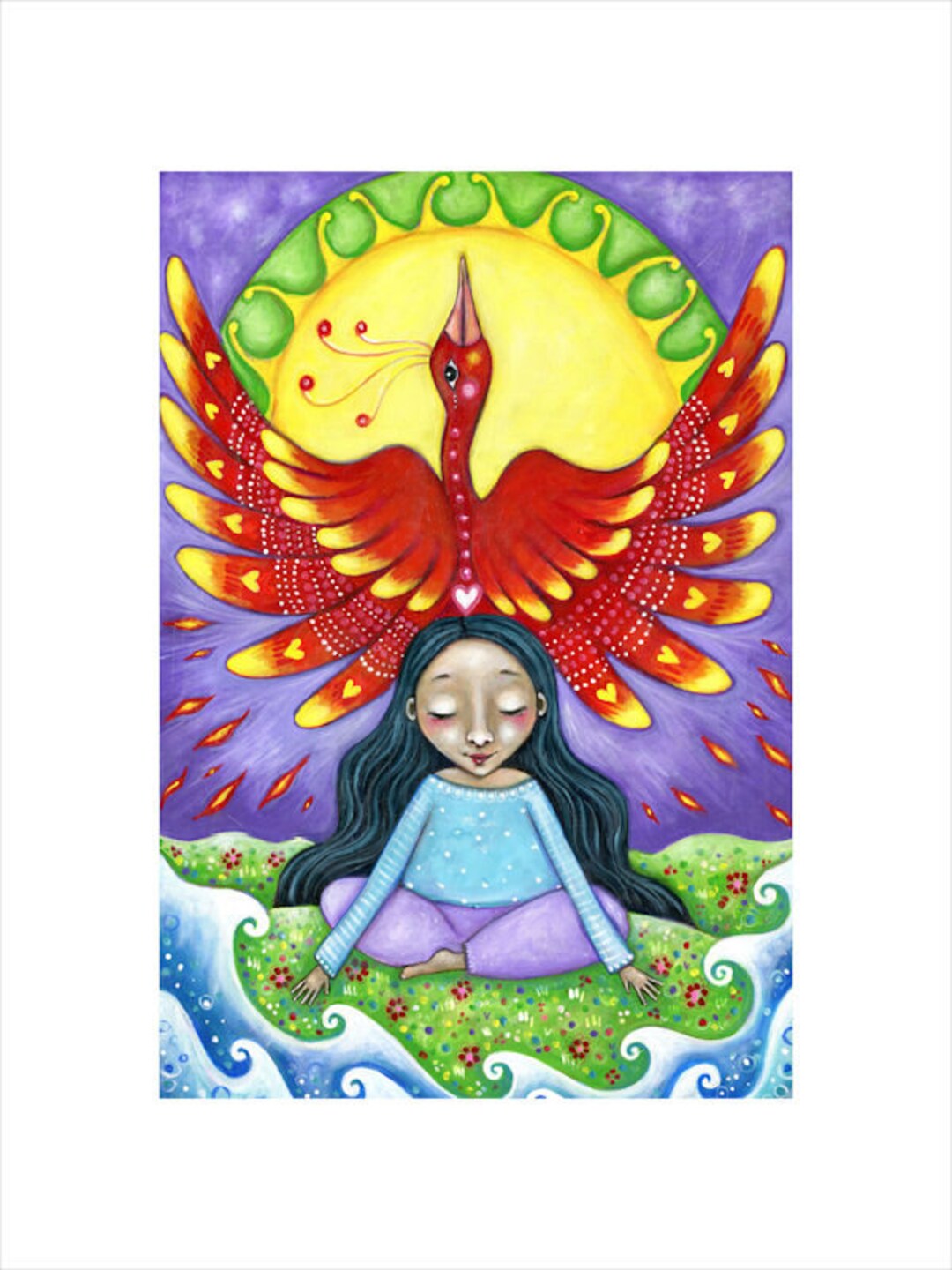 Phoenix Totem Wall Art Girl and Firebird Art Print Animal - Etsy