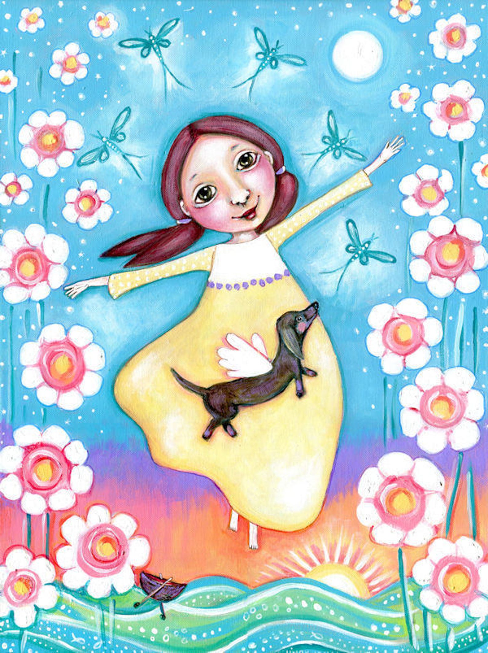 Mayfly Dance Wall Art Girl and Flying Dachshund Wall Art Print - Etsy