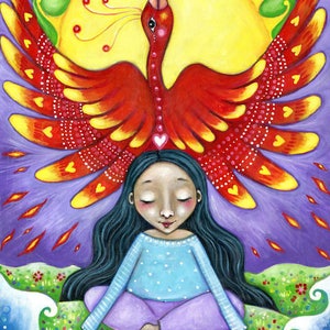 Phoenix Totem Wall Art - Girl and Firebird Art Print - Animal Guides ...