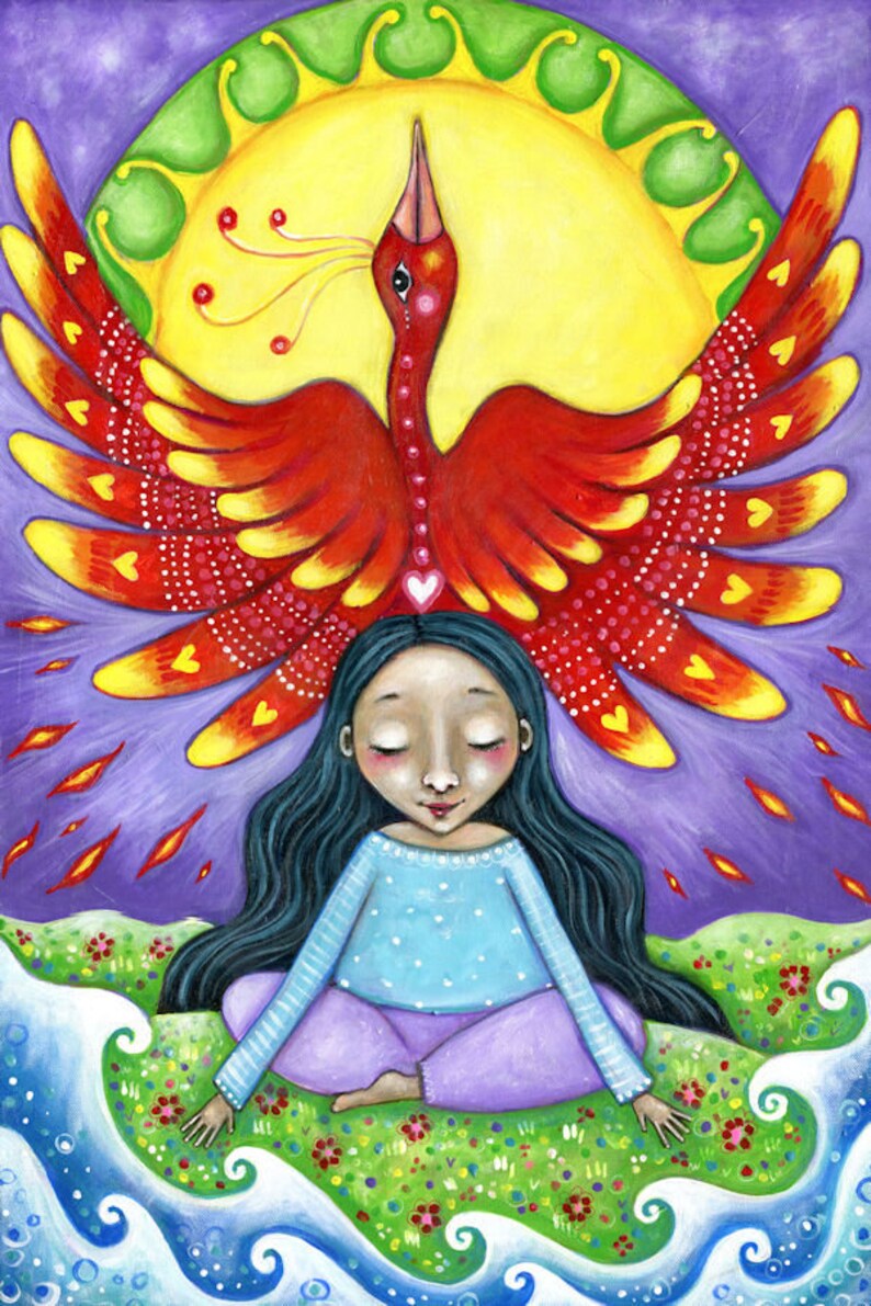 Phoenix Totem Wall Art Girl and Firebird Art Print Animal | Etsy