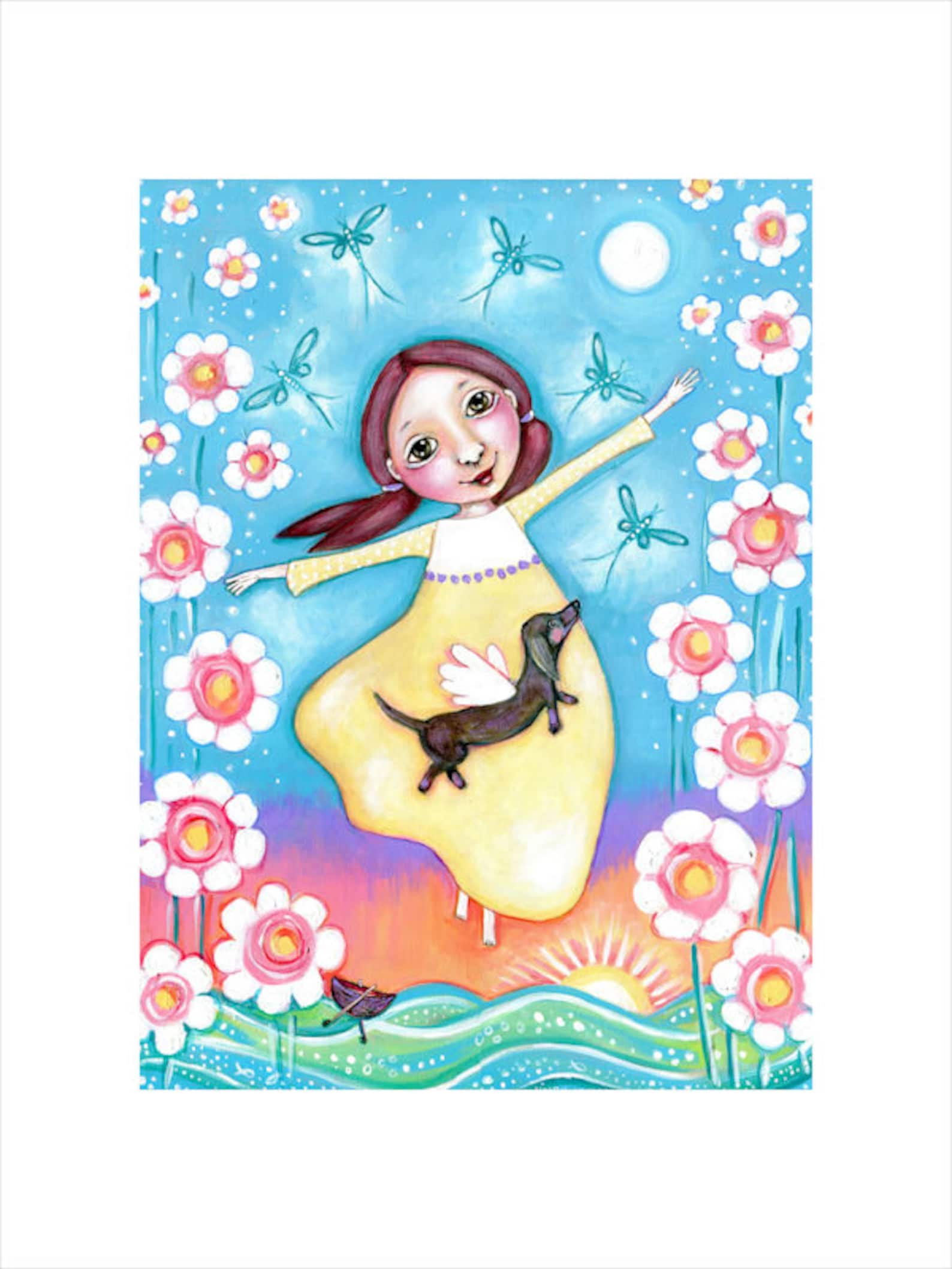 Mayfly Dance Wall Art Girl and Flying Dachshund A3 Wall Art - Etsy