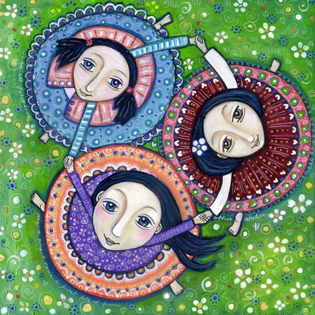 Three Sisters Art Print Girls Dancing Whimsical Folk Art Girls Room Art ...