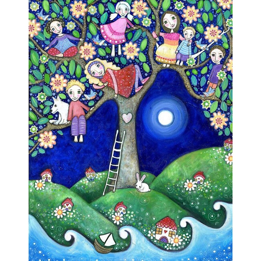 Summer Tree Folk Art Painting for Kids, Wall Decor With 7 Children ...