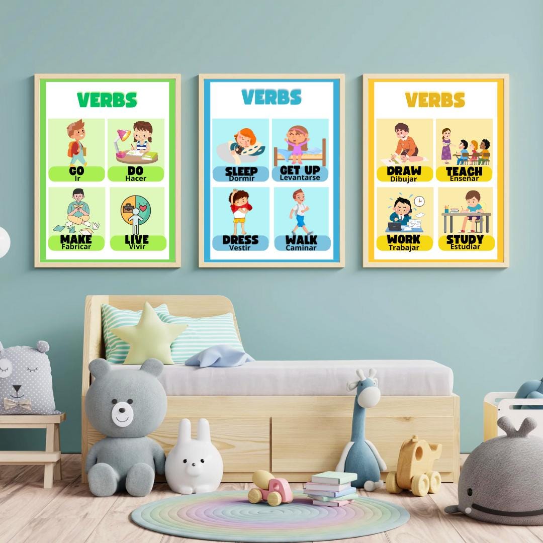 Bilingual Verb Posters for Kids 25 Posters in English and Spanish ...