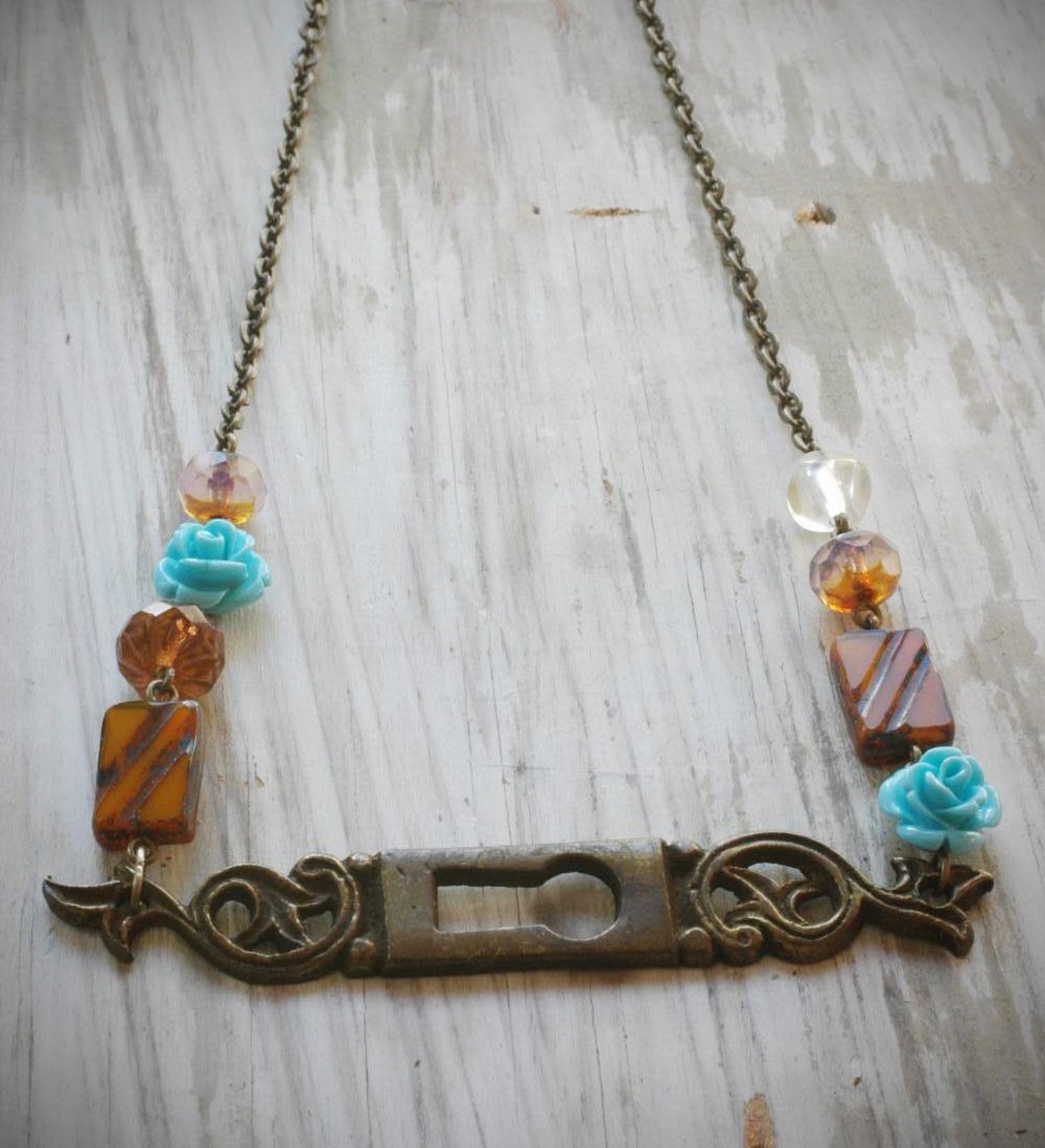 Le Fleur Gatekeeper Necklace. Vintage Brass Escutcheon Keyhole Plate ...