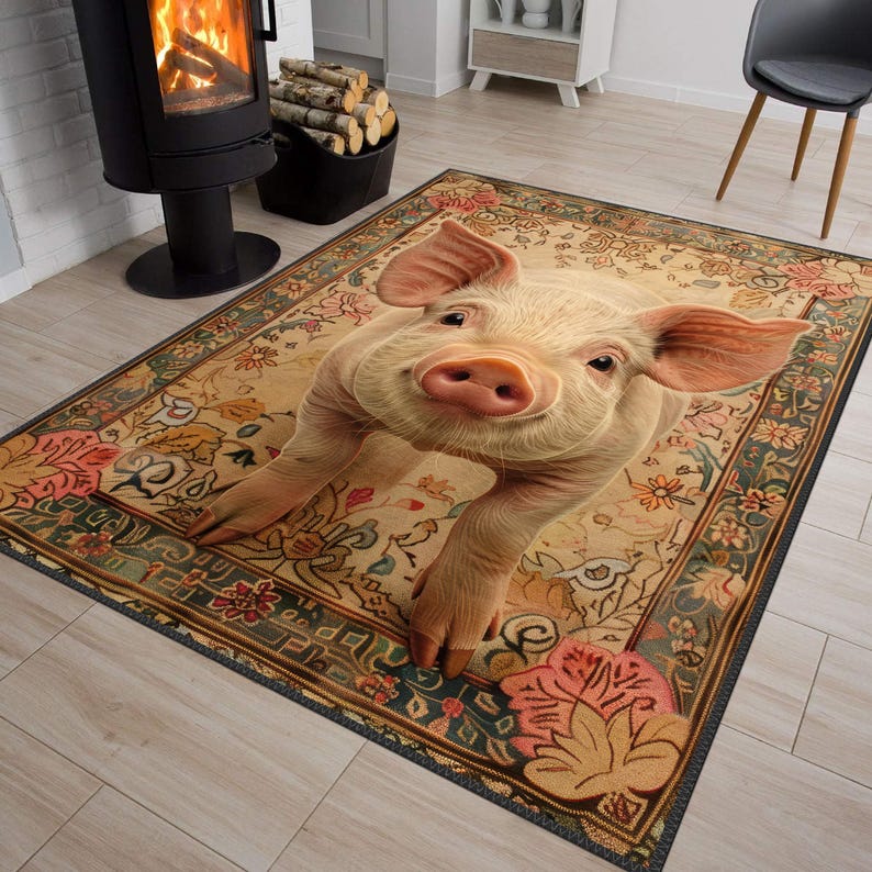 Artistic 3D Pig Portrait Oriental Rug, Handmade Animal Tapestry Carpet ...