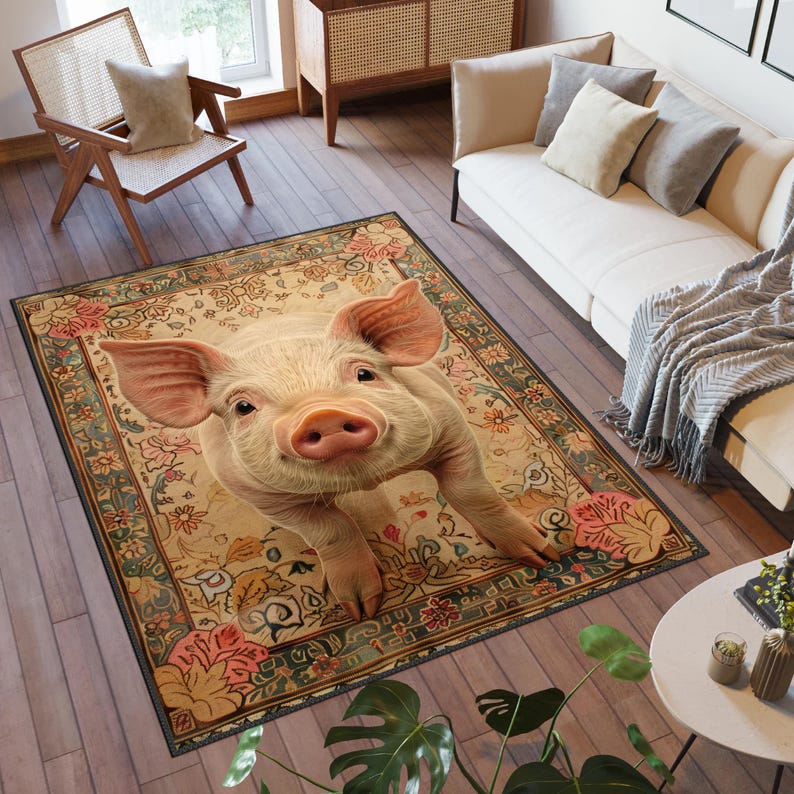 Artistic 3D Pig Portrait Oriental Rug, Handmade Animal Tapestry Carpet ...