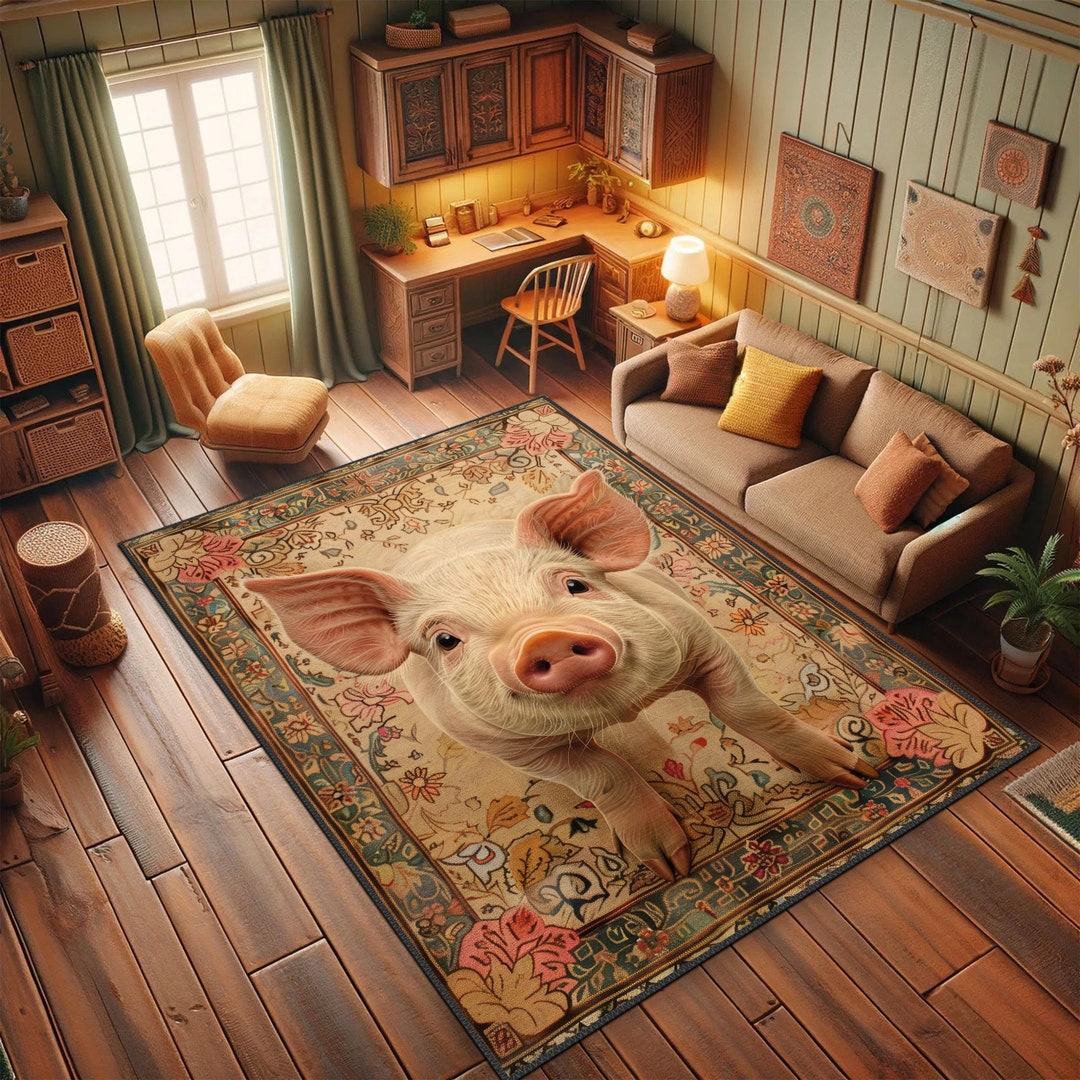 Artistic 3D Pig Portrait Oriental Rug, Handmade Animal Tapestry Carpet ...