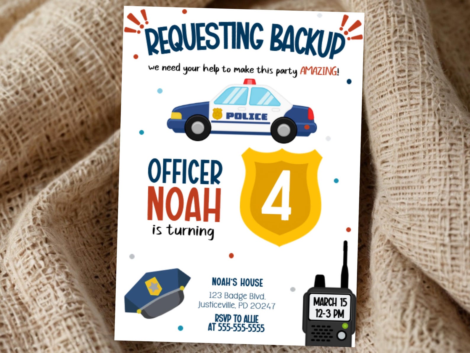 Police Car Birthday Invitation Police Invitation Policeman Invitation ...