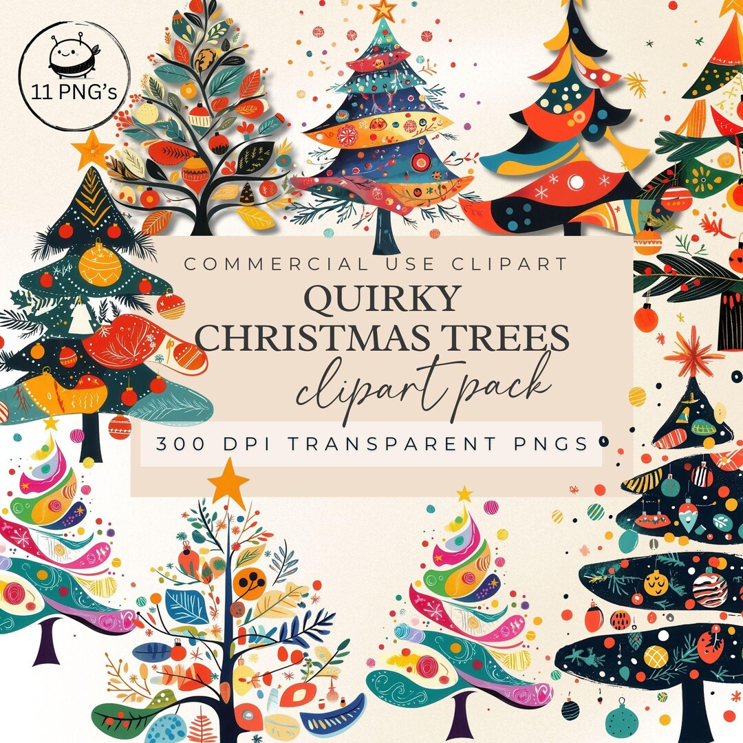 Quirky Christmas Trees Clipart Pack, Transparent PNG, Digital Art, Xmas ...