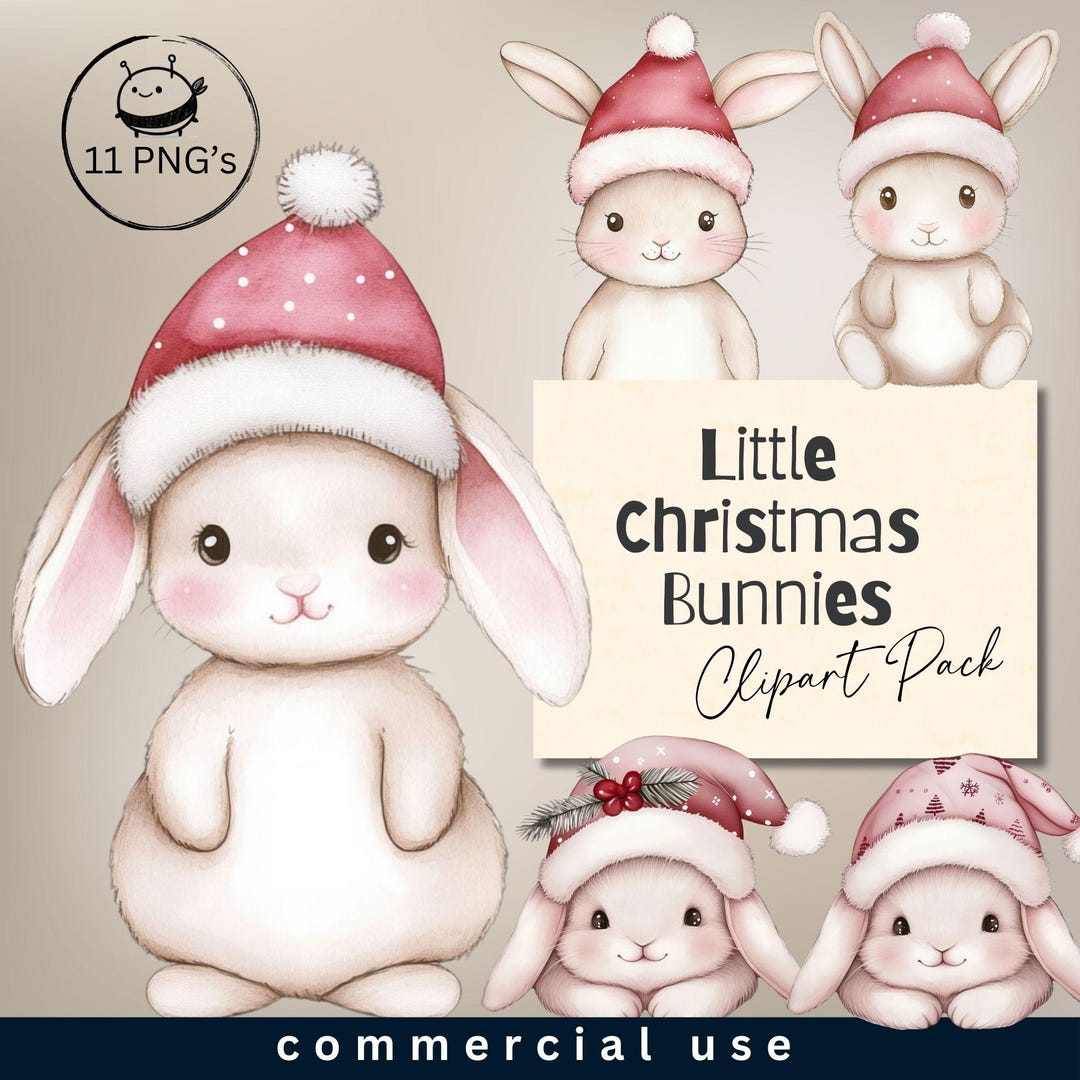 Little Christmas Bunnies Clipart Pack, Transparent PNG, Digital Art ...