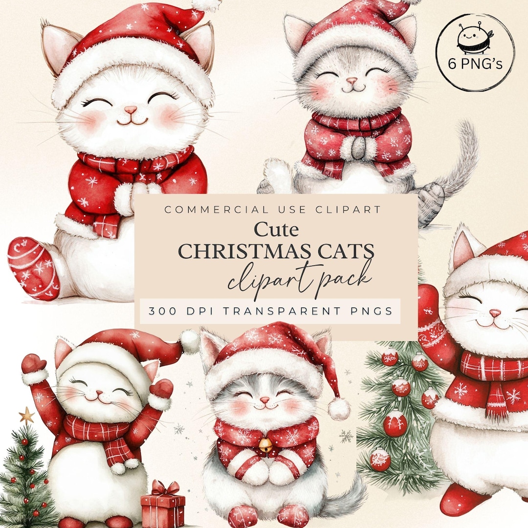 CUTE Christmas Cats Clipart Pack, Transparent Png's, Digital Art, Xmas ...