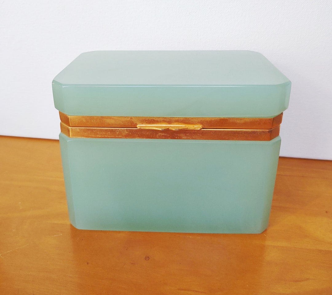 Opaline Glass Box in Aqua Blue With Ormolu Band Jewelry or Trinket Box ...