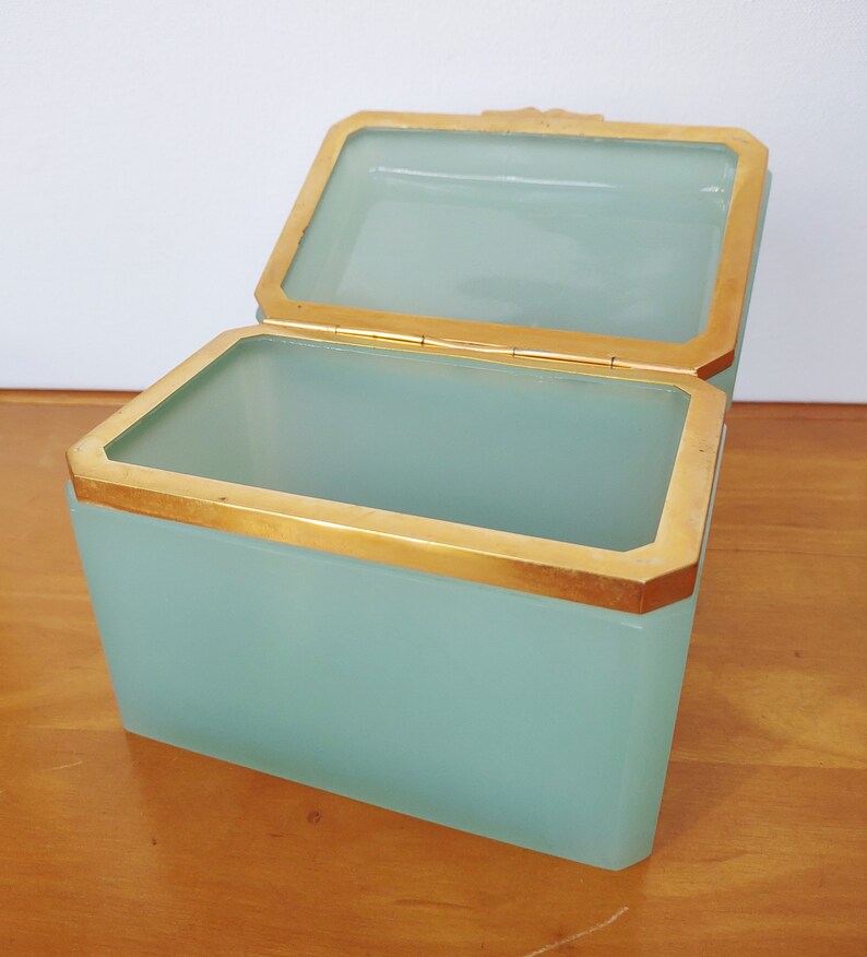 Opaline Glass Box in Aqua Blue With Ormolu Band Jewelry or Trinket Box ...