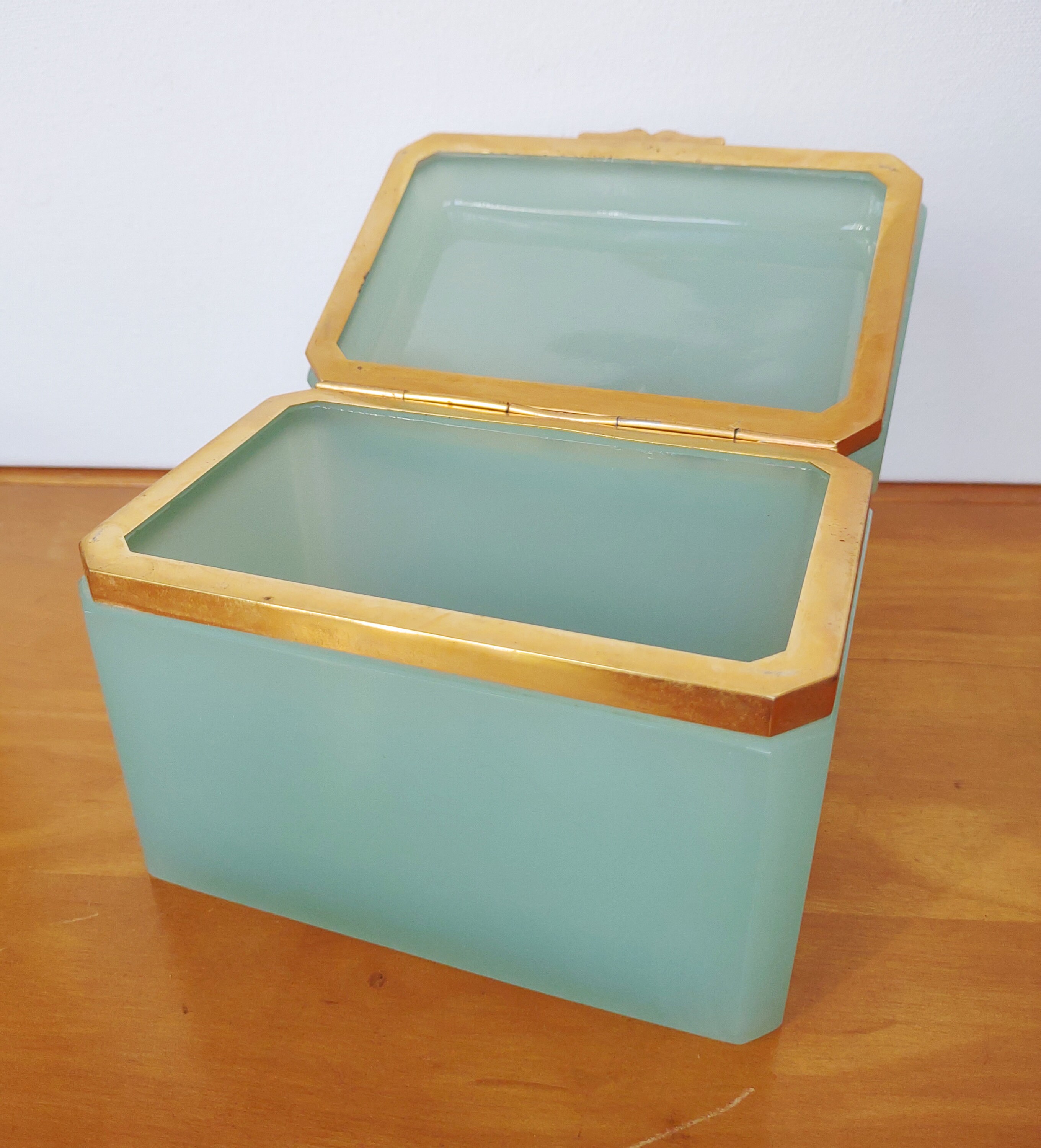 Opaline Glass Box in Aqua Blue With Ormolu Band Jewelry or Trinket Box ...