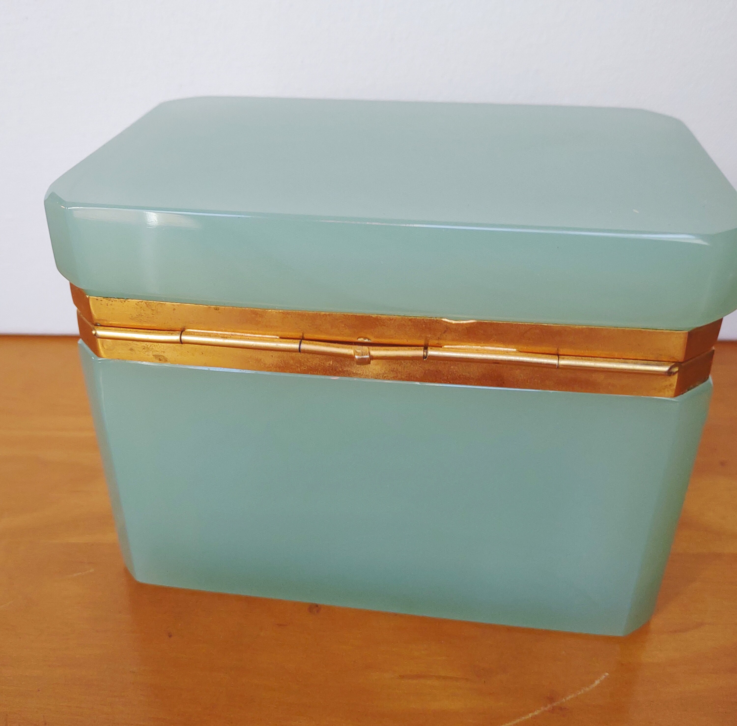 Opaline Glass Box in Aqua Blue With Ormolu Band Jewelry or Trinket Box ...