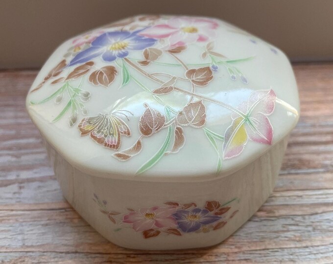 Vintage Ceramic Trinket Box With Lid Octagon Floral Hand Painted ...